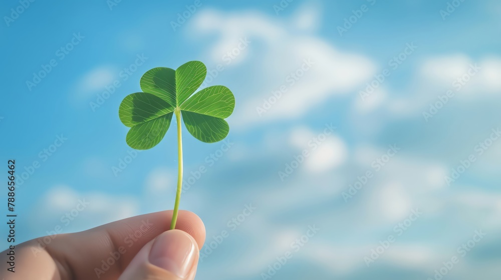 Graphic of a fourleaf clover held up against the sky in a child s ...