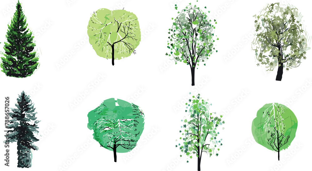 Vector tree top watercolor hand drawn view isolated on white background ...