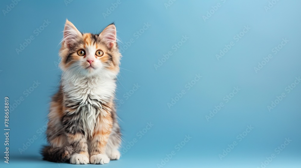 Fluffy kitty looking at camera on blue background, front view. Cute ...