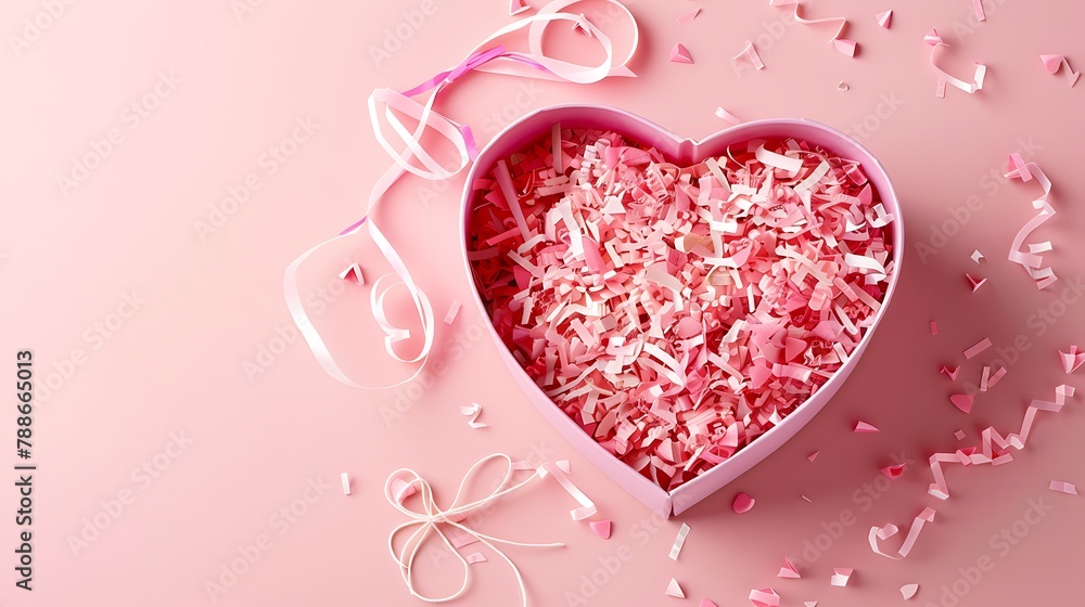 Festive heart shaped open gift box with shred paper on pastel pink ...