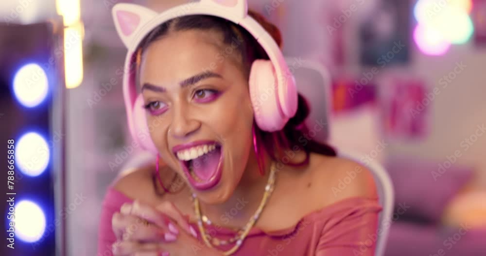 Neon, headphones and woman by computer for live streaming, social media ...