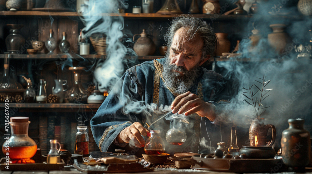 A medieval magician and sorcerer prepares a smoky potion in his ...