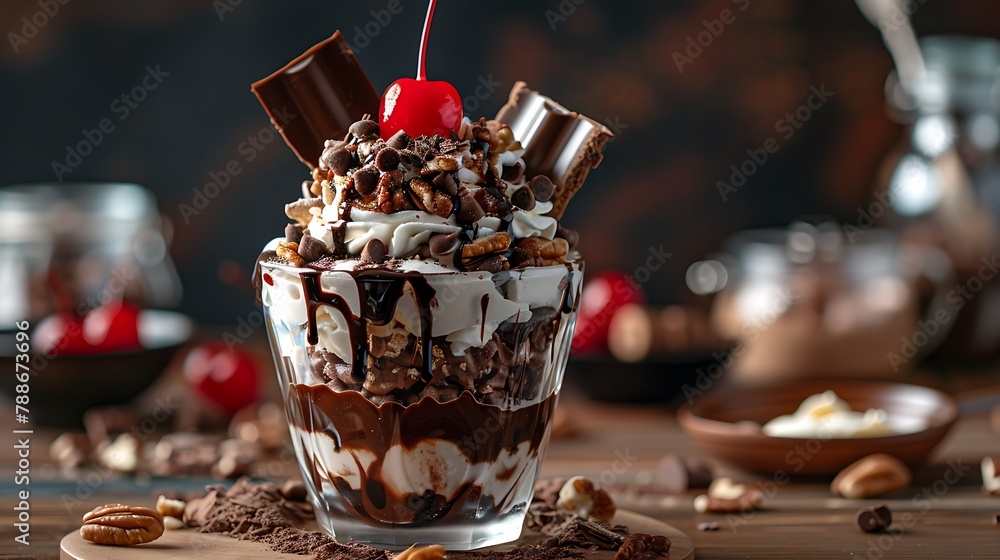 Iconic classic hot fudge sundae with whipped cream nuts and a cherry ...