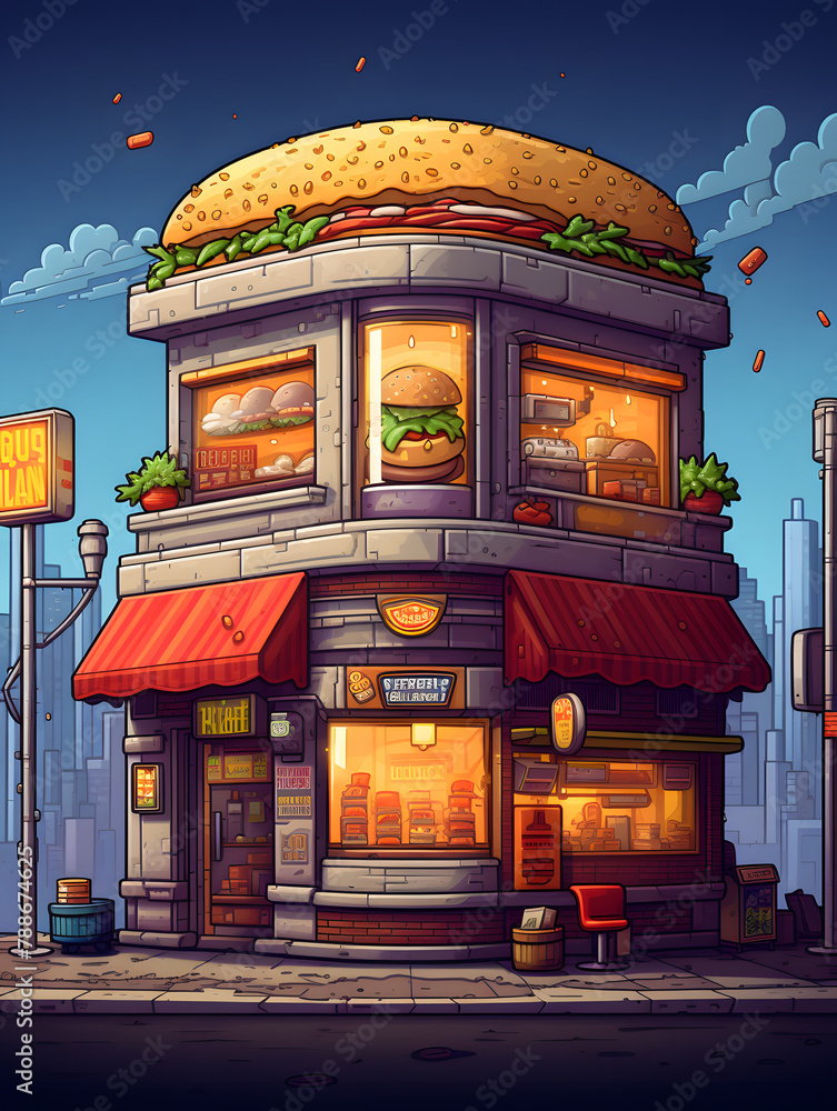 8 bit pixel burger restaurant, pixel restaurant, 8 bit burger place, 8 ...