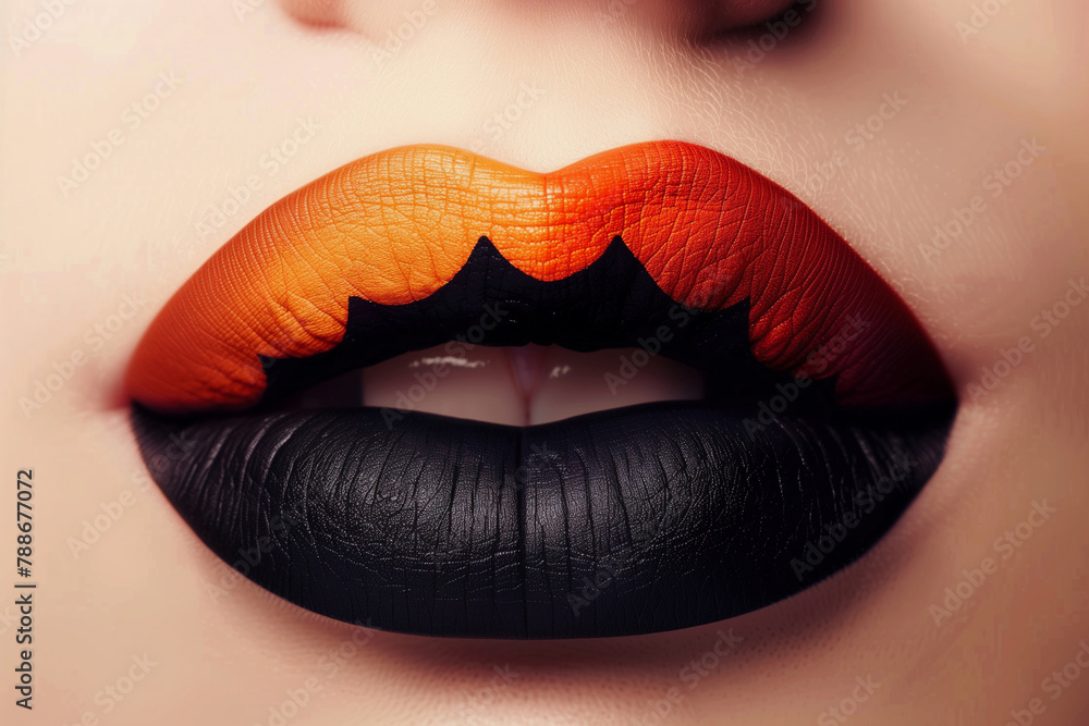 A woman's lips are painted with a red, orange, and black color scheme ...
