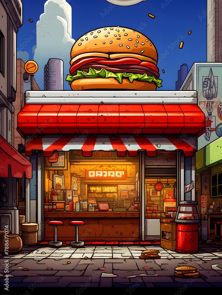 8 bit pixel burger restaurant, pixel restaurant, 8 bit burger place, 8 ...