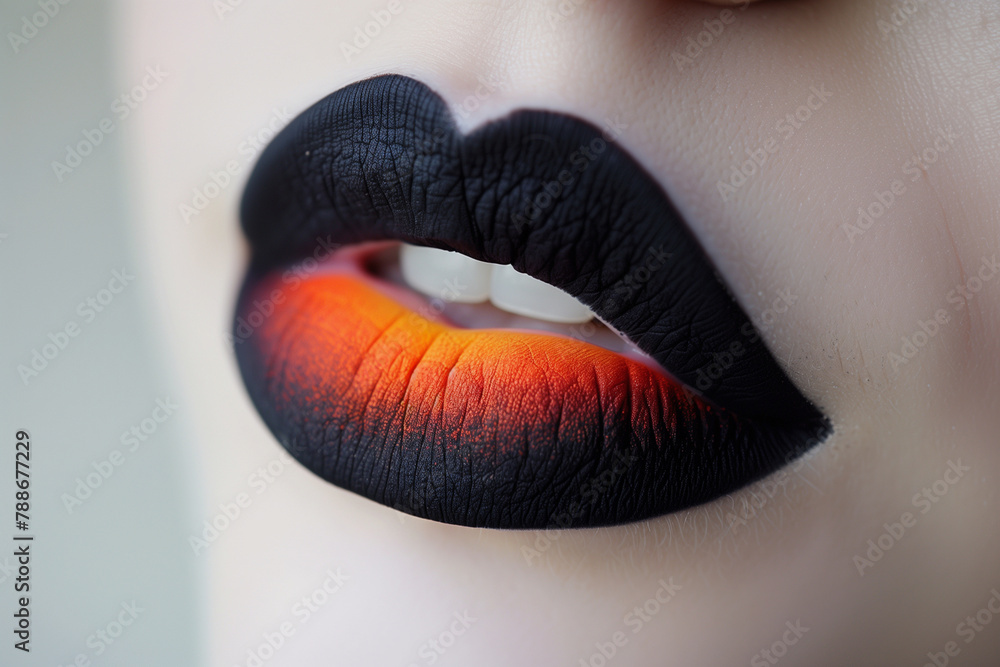 A woman's lips are painted with a red, orange, and black color scheme ...
