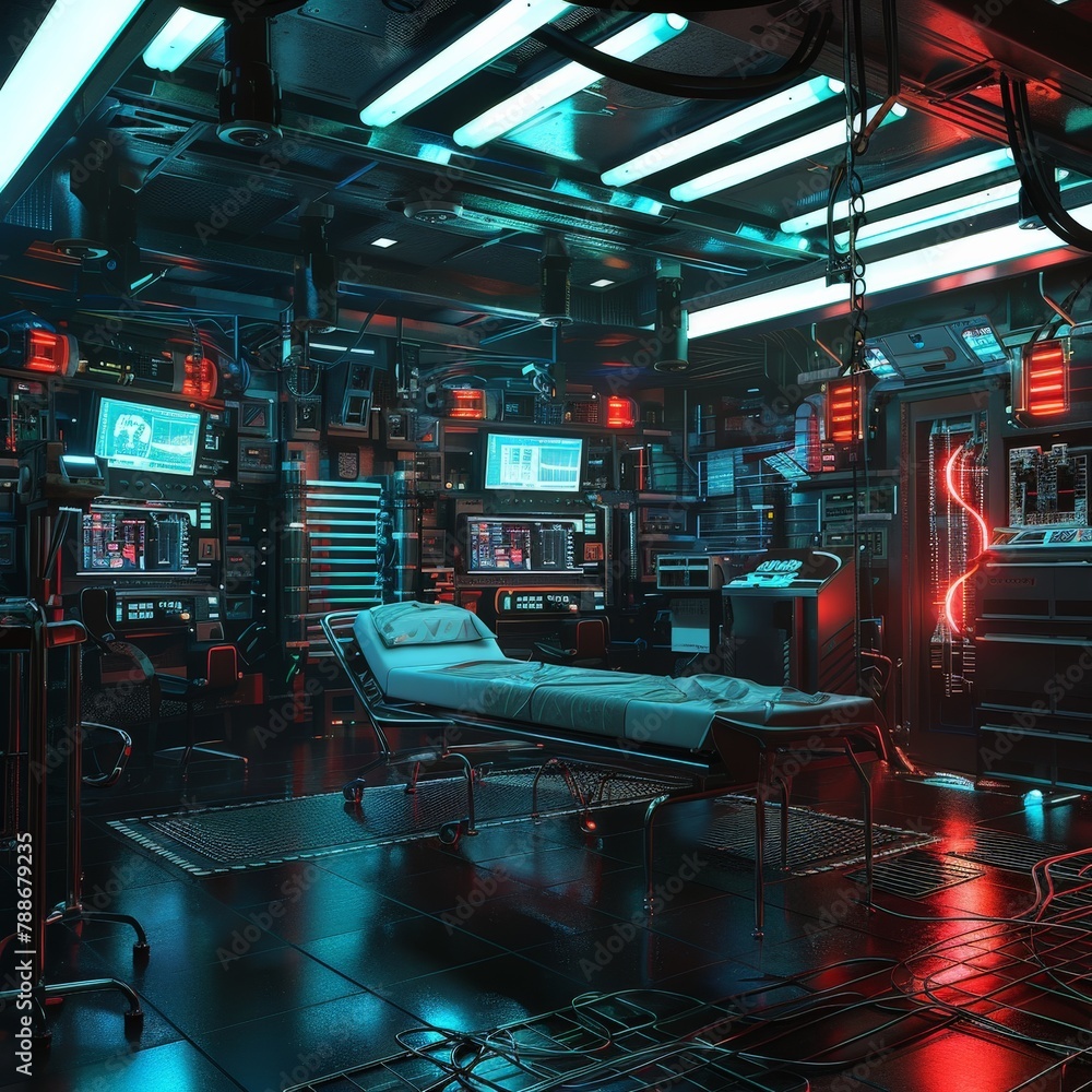 A cyberpunk-inspired medical bay with futuristic technology and neon ...