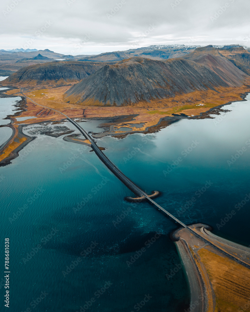 Aerial drone view of Viking Bridge, sword shaped bridge on the ...