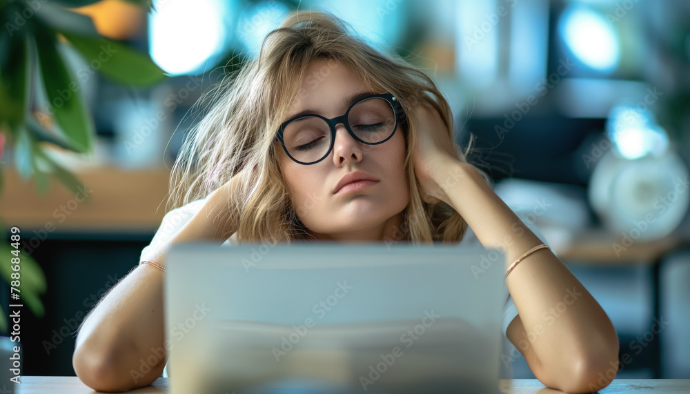 Tired sleepy office worker, woman in formal clothes sitting at desk ...