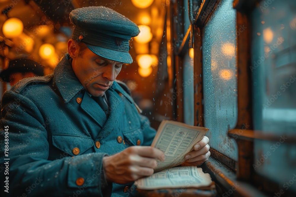 A train conductor in a vintage uniform punching tickets for passengers ...