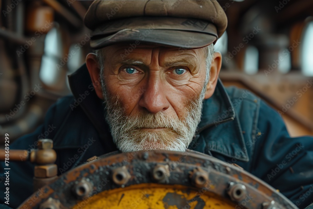 A train engineer with a weathered face and a well-worn cap, gripping ...