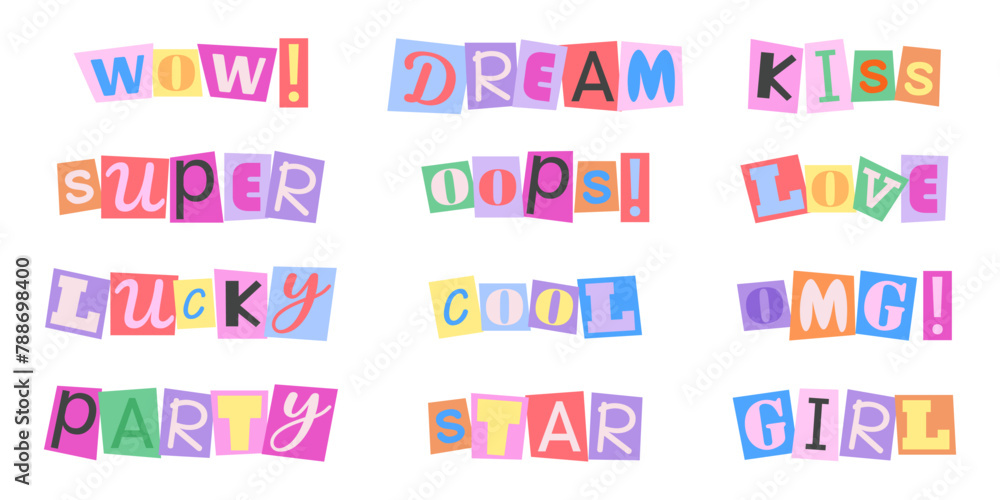 Cut colorful words from magazines in Y2K style. Anonymous newspaper ...