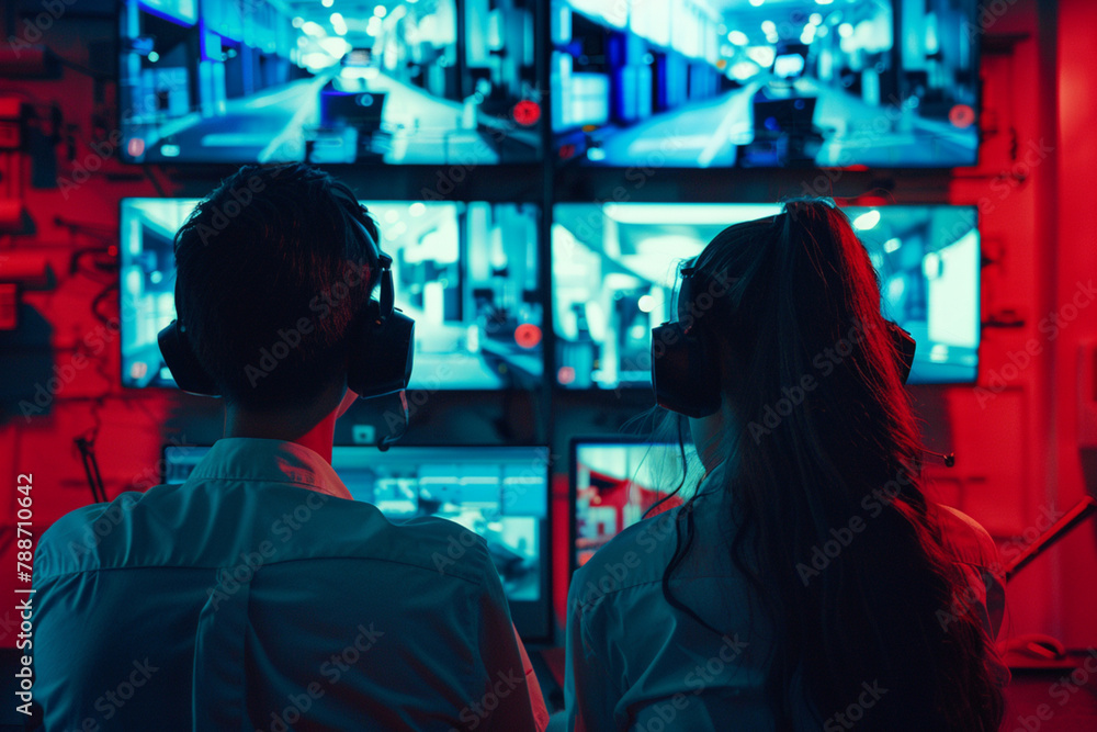 Security guard in control room, man and woman with screen to check cctv ...