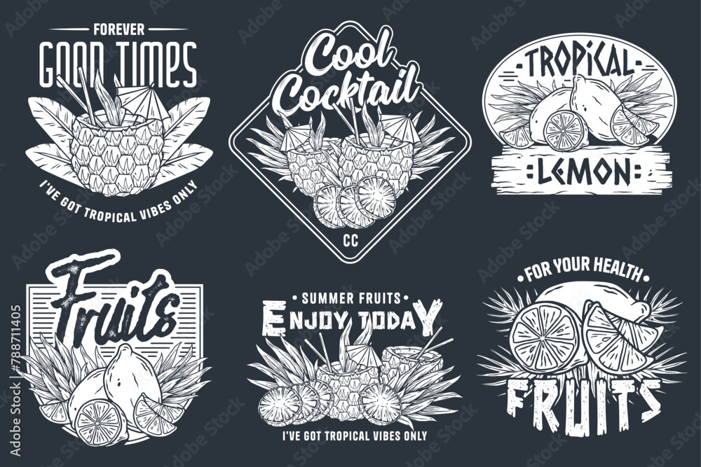Hand-drawn tropical fruit emblem set with summer slogans for paradise ...
