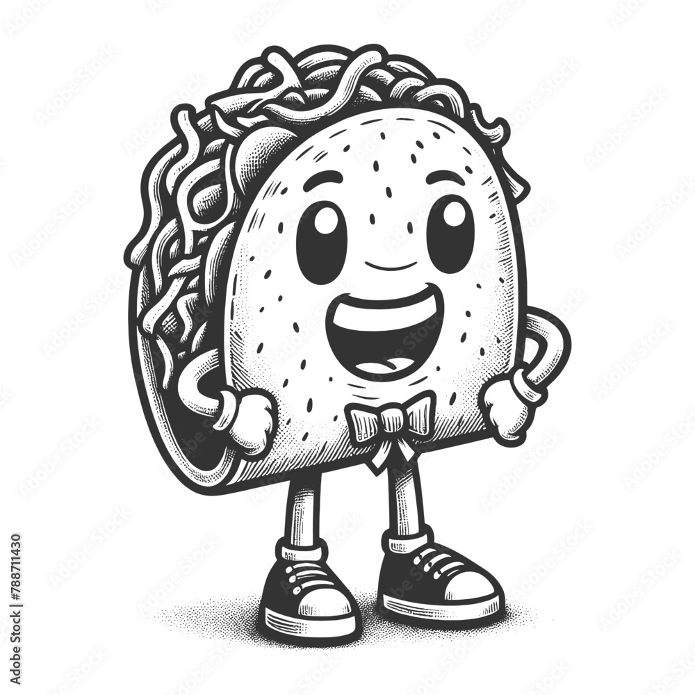smiling taco character with a mustache, eyes, and shoes, giving a ...