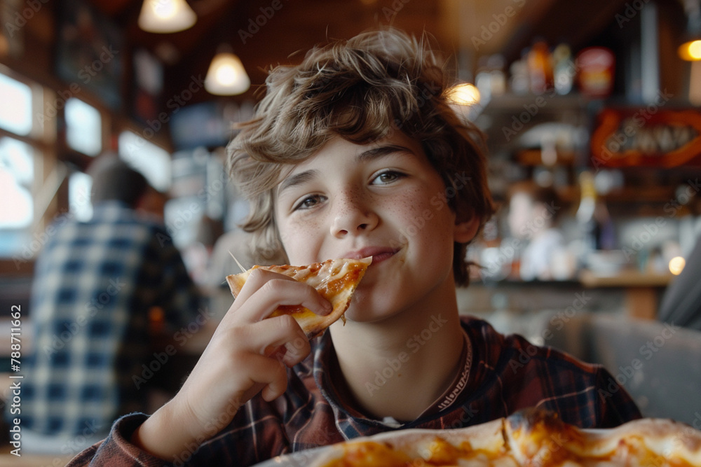 Teenage boy and his family enjoying lunch at restaurant. Teenage boy ...