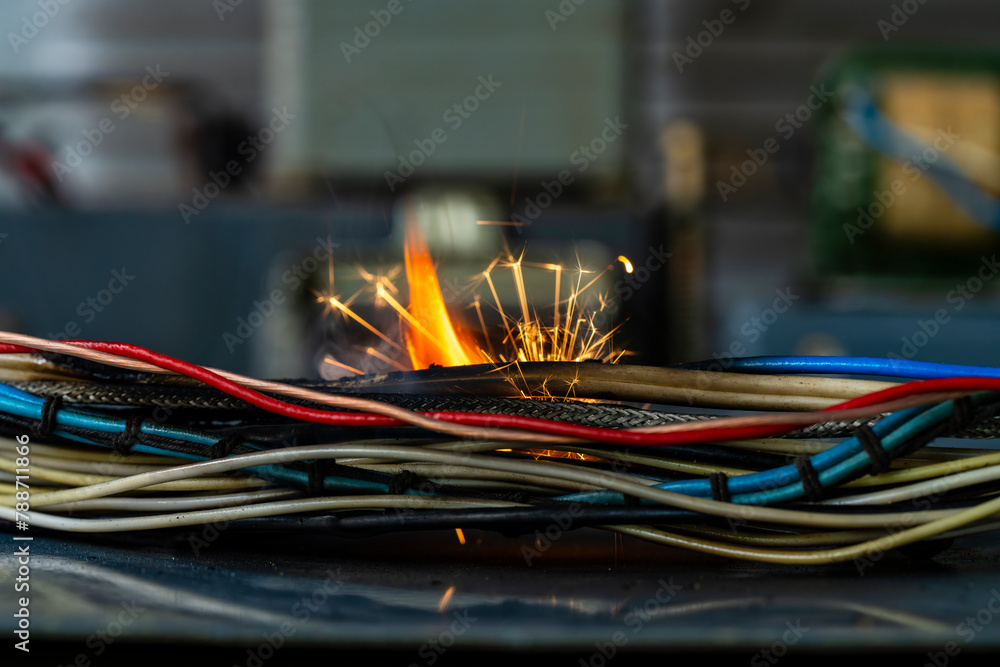 Flames, sparks, smoke between electrical cables, closeup. Short circuit ...