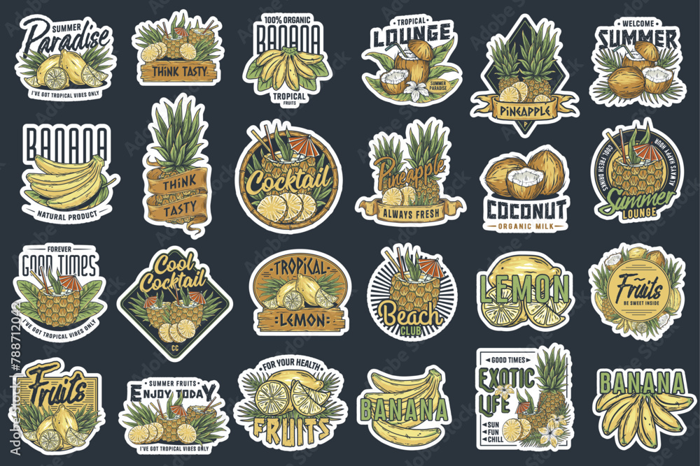 Colorful set of fruit-themed stickers for summer and tropical vibes ...