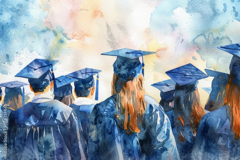 Colorful watercolor artwork of a group of graduates at commencement ...