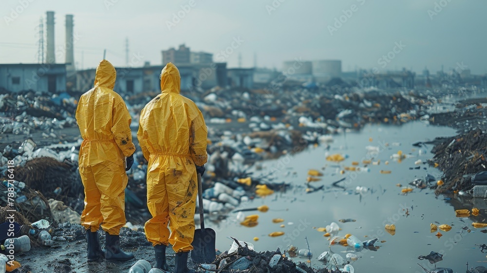 Against the backdrop of a sprawling landfill, two men clad in personal ...
