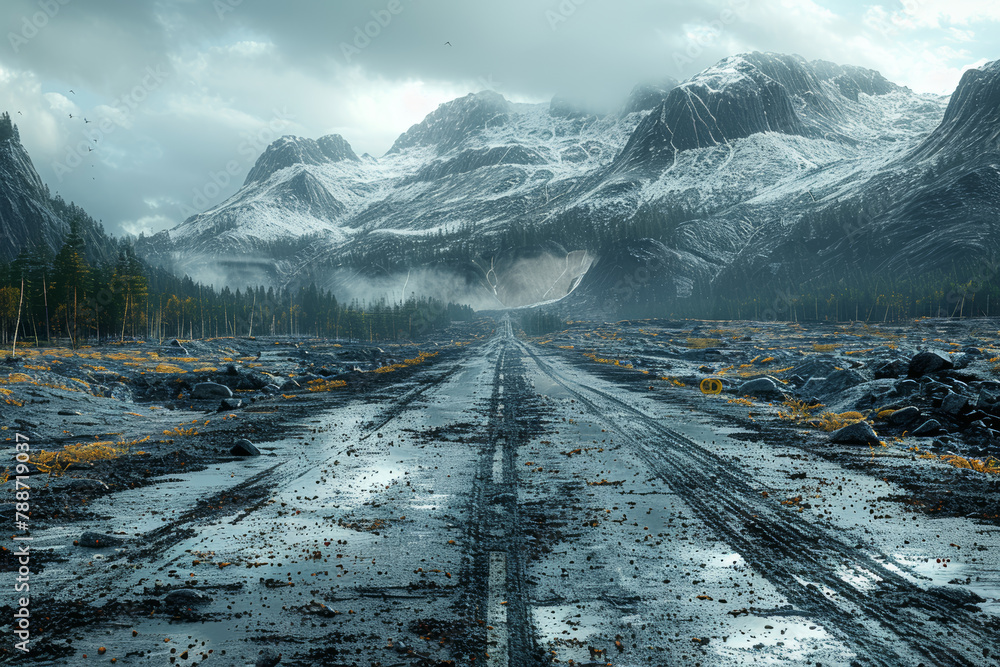 The intersection of a landslide and a mountain road, illustrating the ...