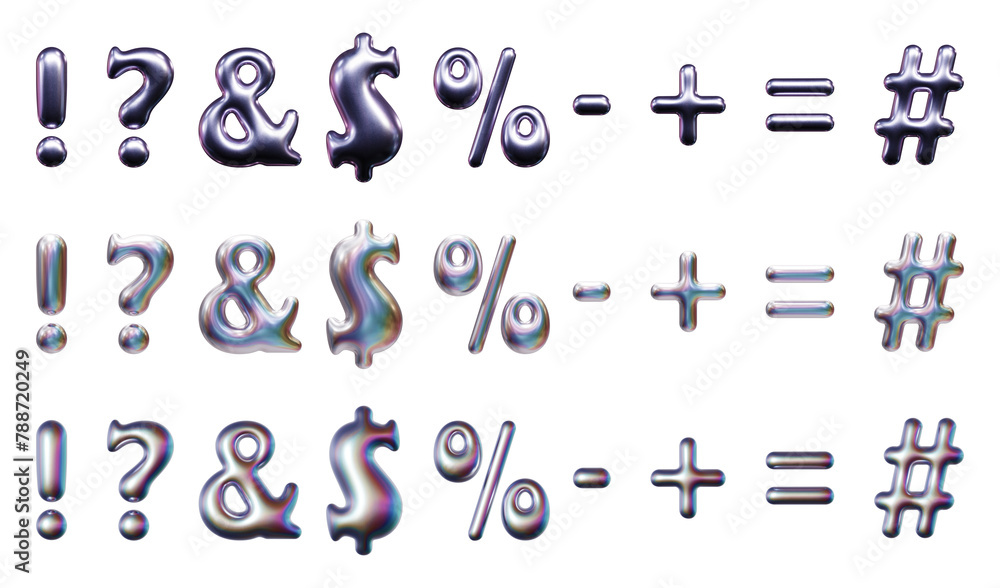 Special characters in three-dimensional chrome lettering isolated on ...