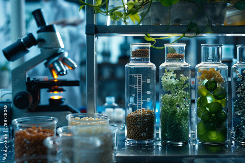 ts in flasks, Lima beans and rice on lab table, scientist using ...