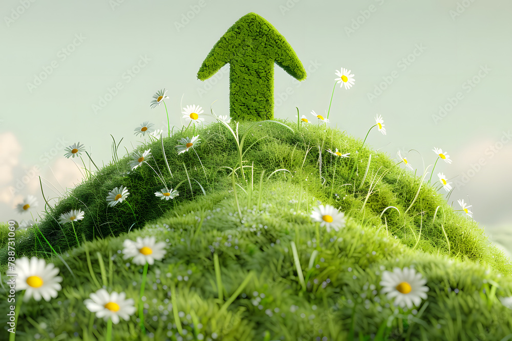 A green hill with a grassy mound and a green arrow pointing upwards ...