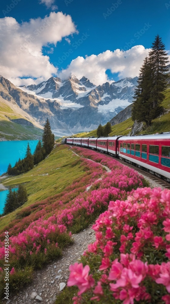 Red train journeys through picturesque landscape, surrounded by natural ...