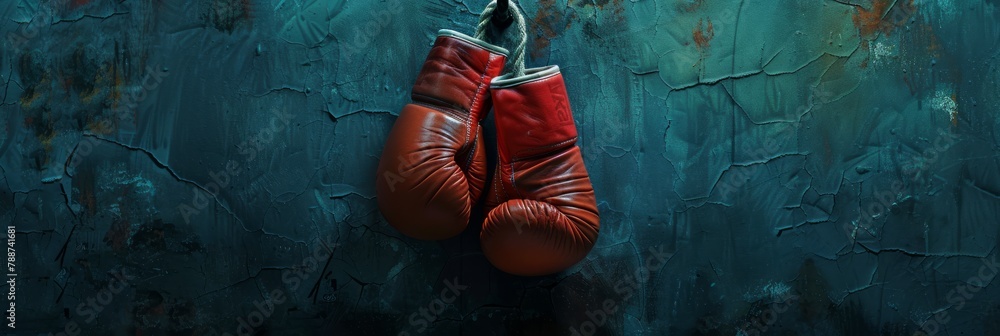 Red boxing gloves hanging on a blue wall. Banner. Textured background ...