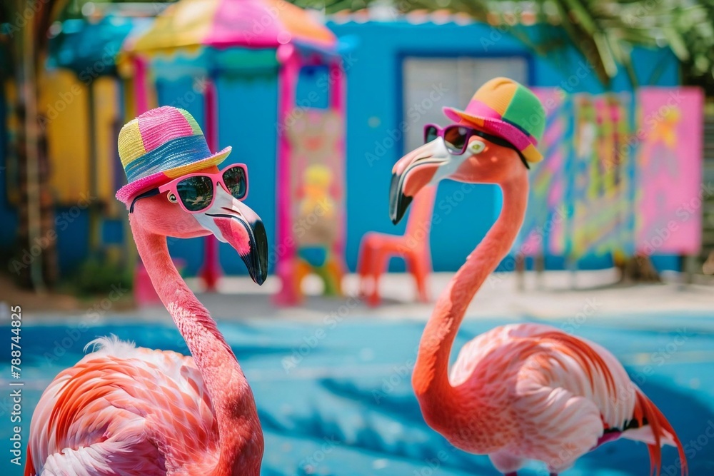 Happy boy with pink flamingo sunglasses going back to school safely ...