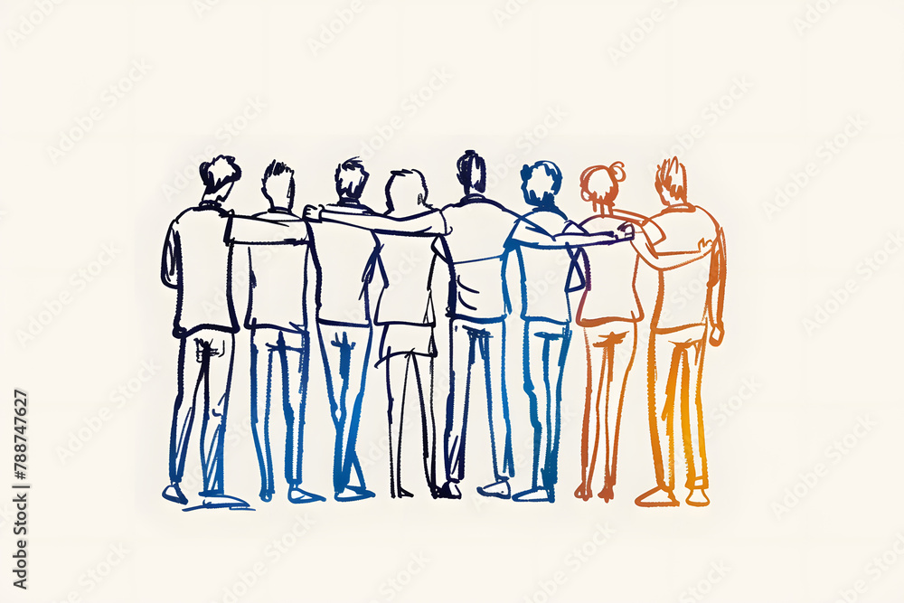 One line drawing of business people standing in a huddle with their ...