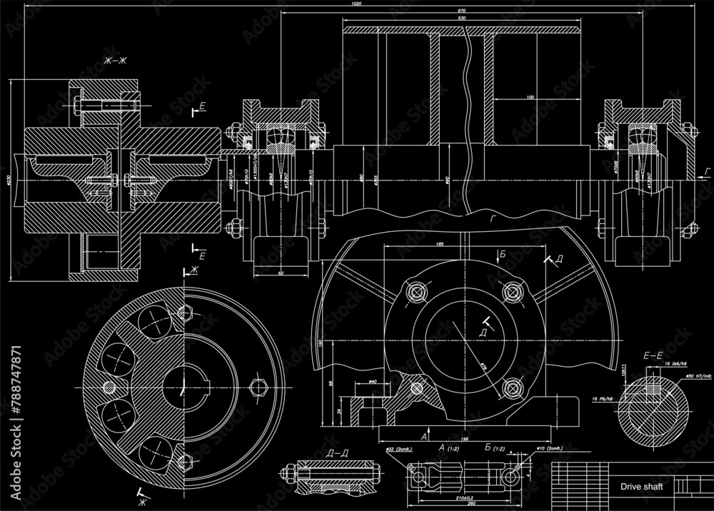 Assembly drawing of reducer. Vector drawing of steel mechanical device ...
