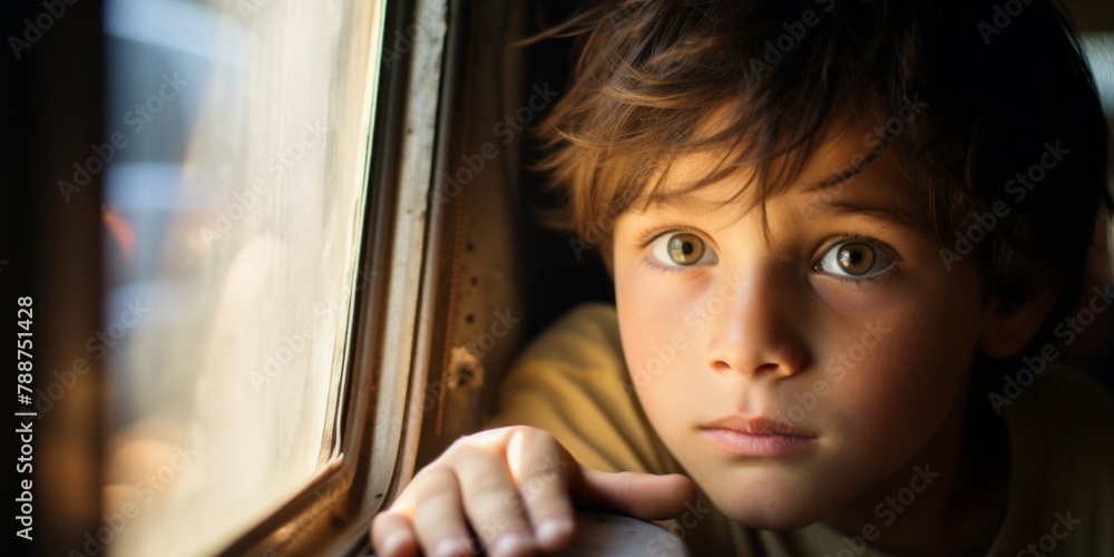 A lonely sad boy looks through the window of a moving train. Homeless ...