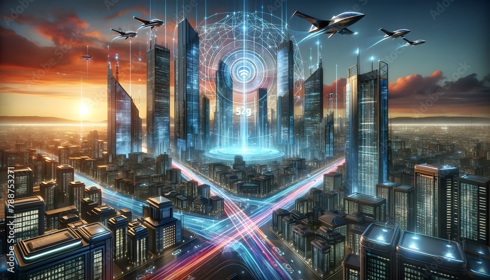 The image shows a top-down view of a modern smart city where 5G antenna ...