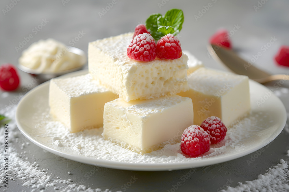 Soft vanilla soufflé cubes with raspberries on top. Fresh raspberry ...