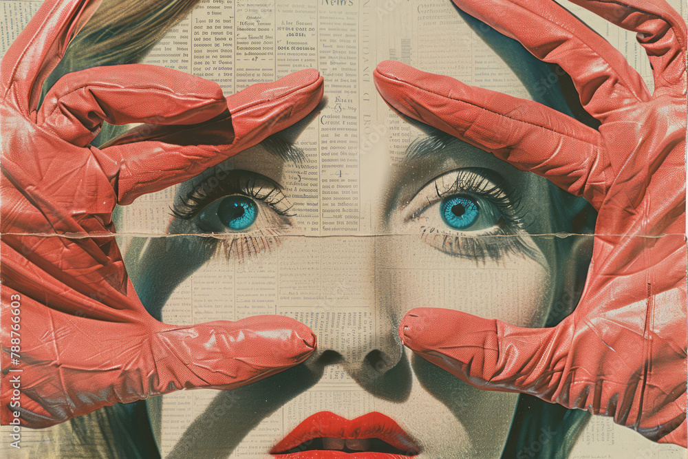 A striking collage portrait woman, pieced together from newspaper ...