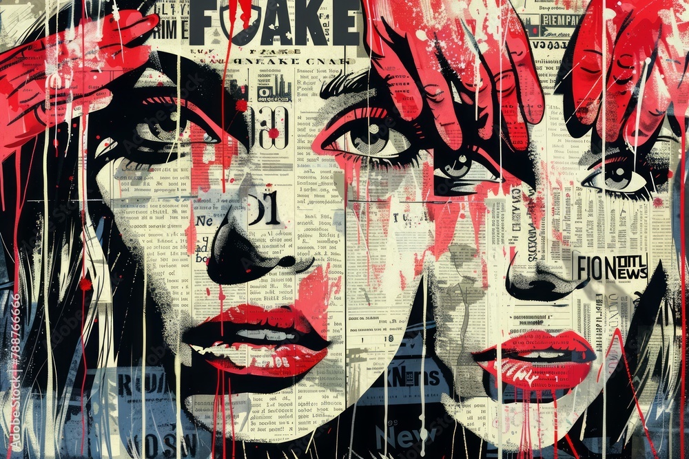 A striking collage portrait woman, pieced together from newspaper ...