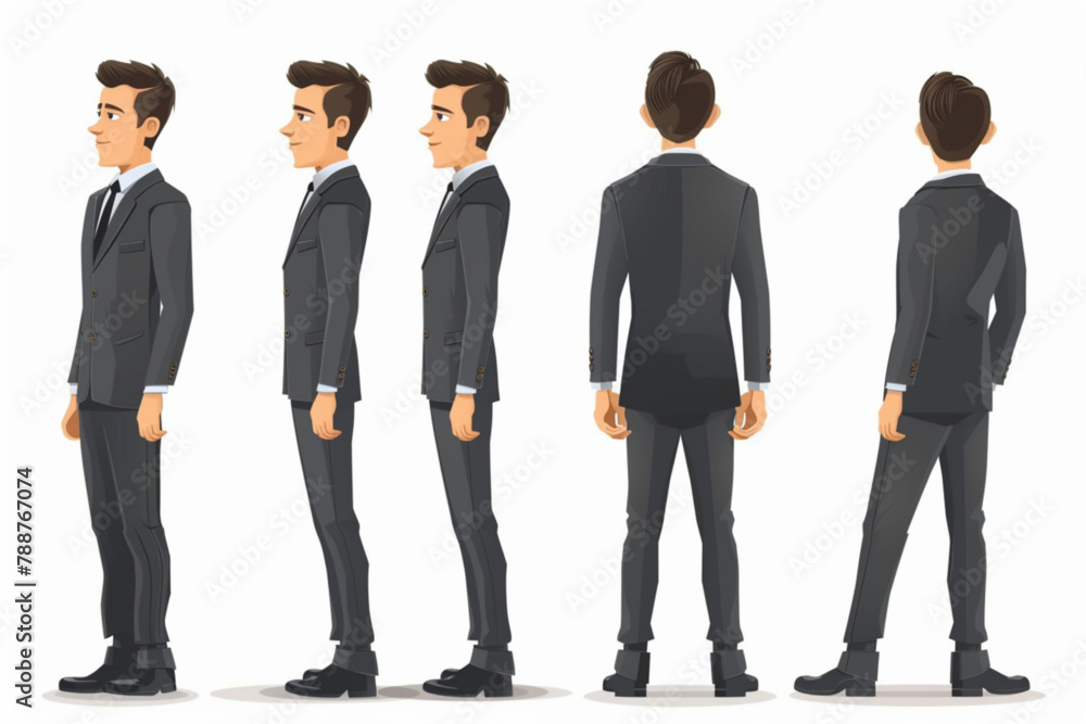 Business man character from different angles. View from the front, side ...