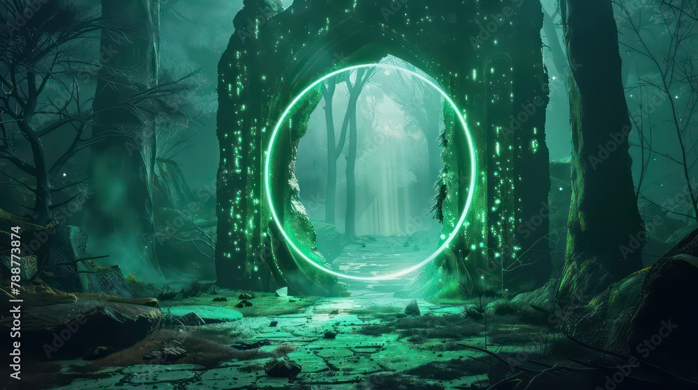 Magic portal door in fantasy forest game world background. Green neon ...