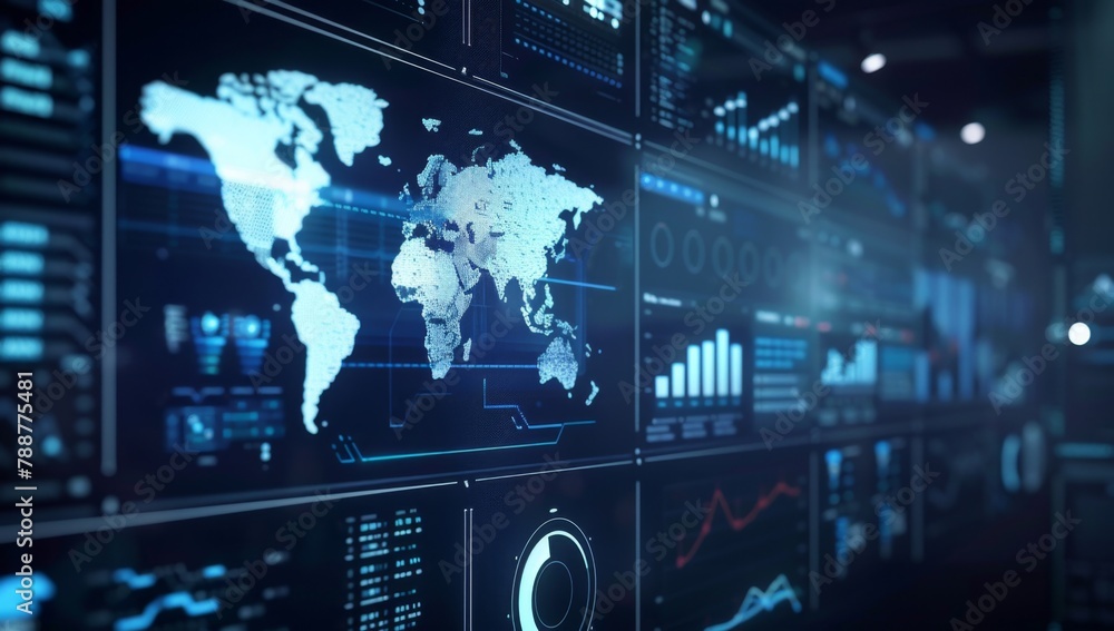 A digital display showing various data visualizations, graphs and charts with futuristic ...