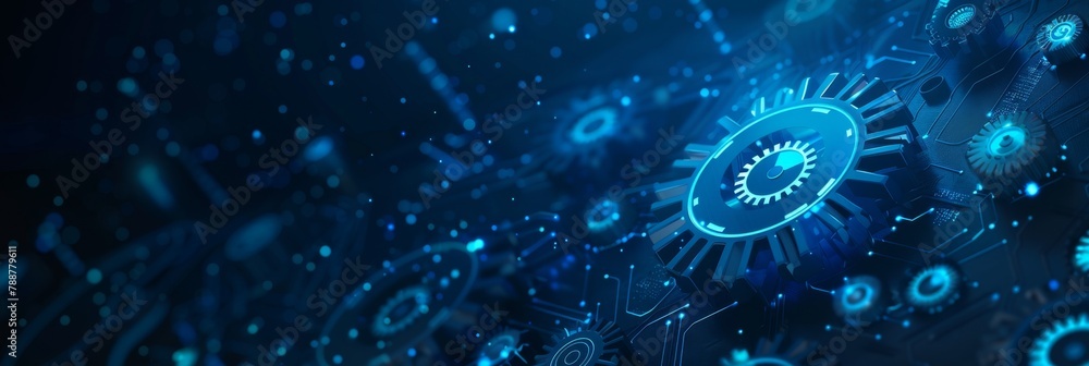 Abstract blue digital technology background with gears and cogs, dark ...