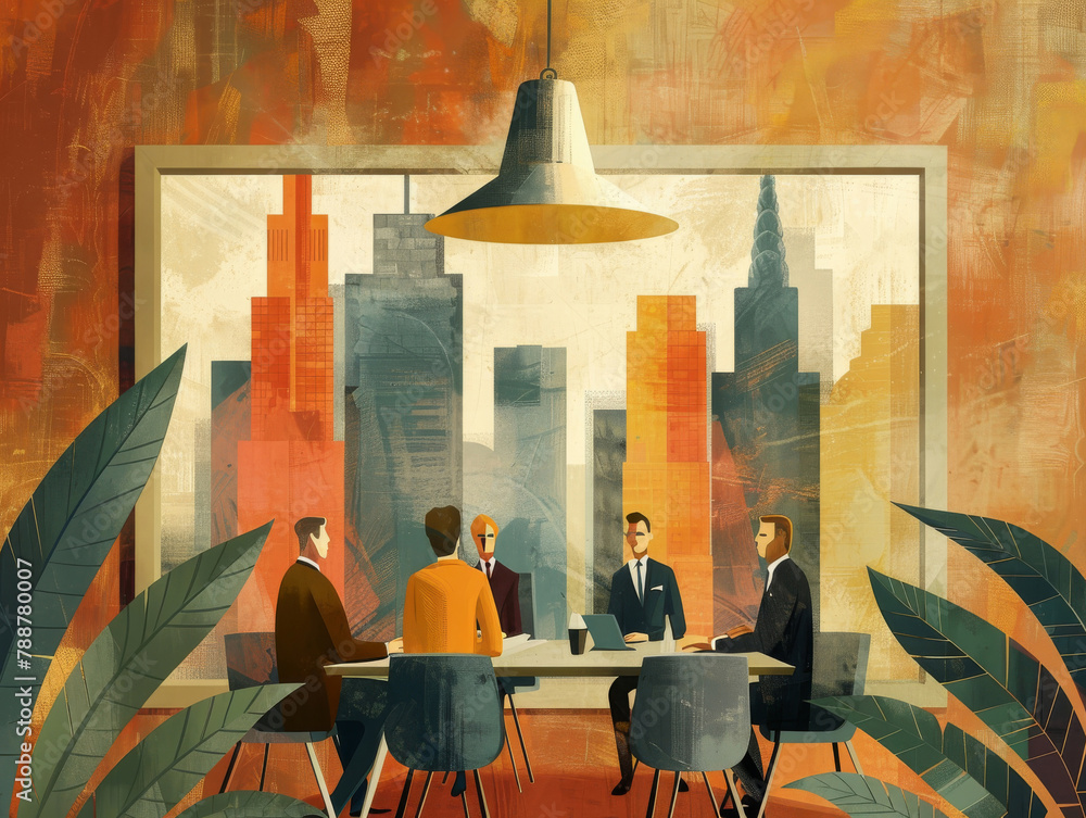 Cartoon, meeting and illustration of people in boardroom for business ...