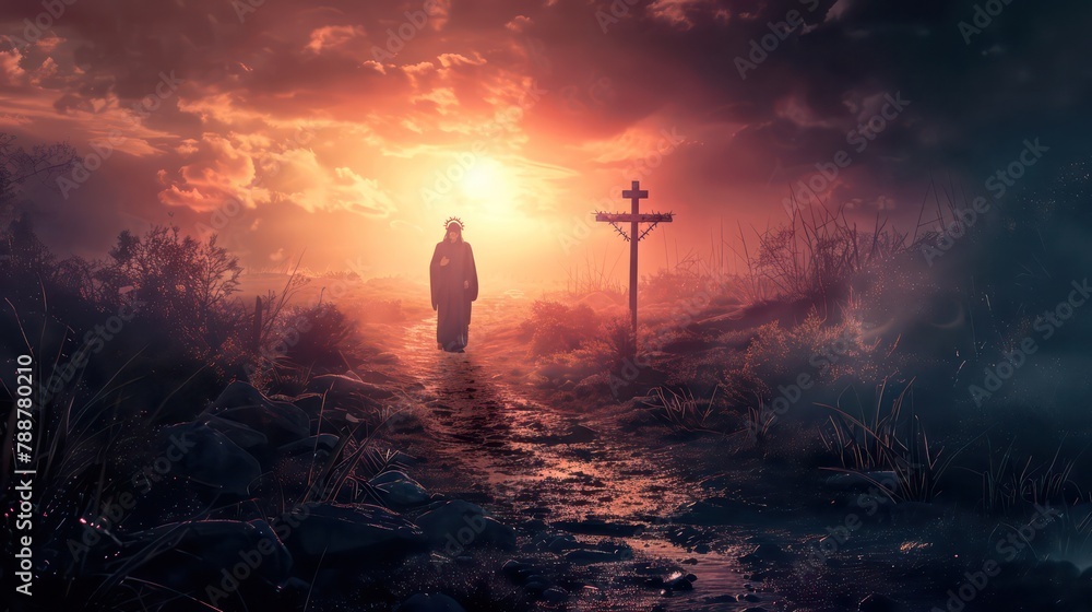 Symbolic representation of Jesus walking a path towards Golgotha, with ...