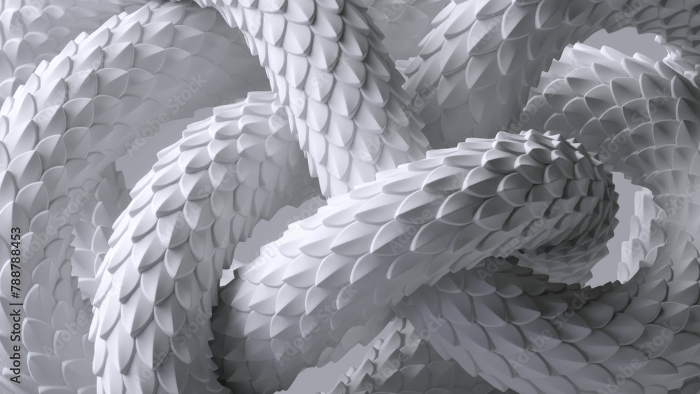 3d render of a white snake skin.Tangled snake tail background. Abstract ...