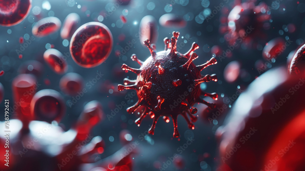 Microscopic red blood cells and a single virus particle in sharp focus ...