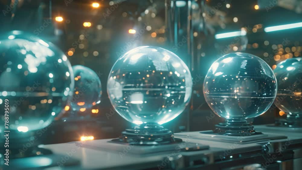 Three crystal globes sitting on top of a table, reflecting light and ...