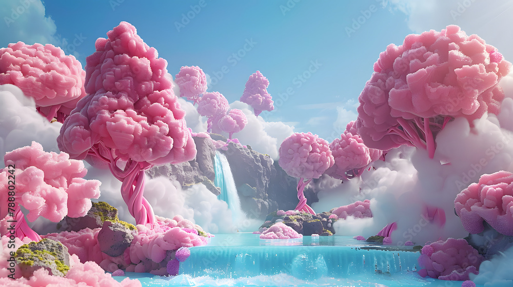 3D animation of a candy floss forest with a sugary waterfall and ...