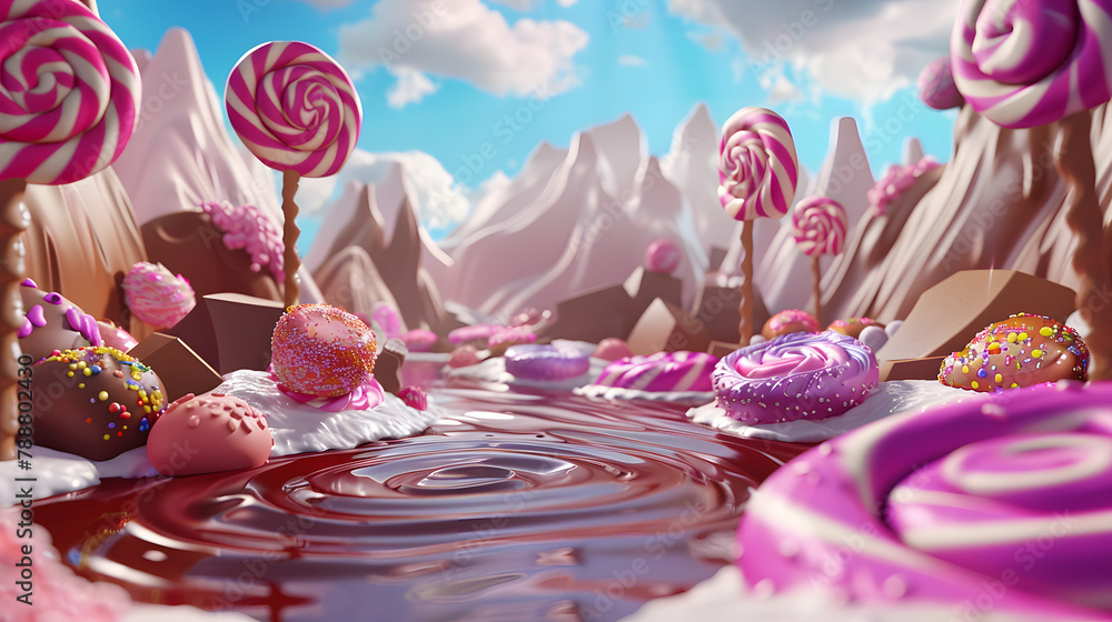 3D cartoon chocolate candy land with a chocolate swirly lake and huge ...